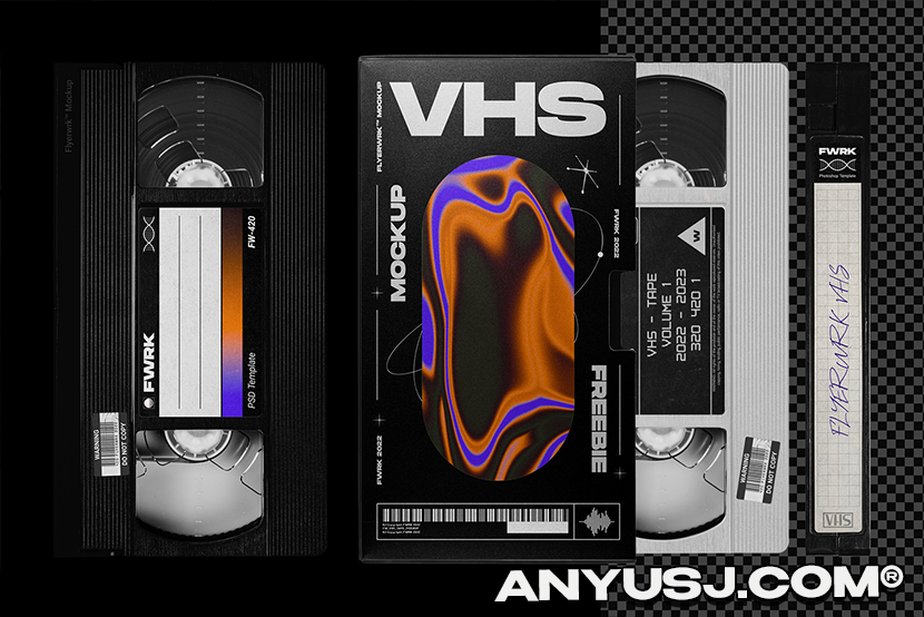 复古VHS录像磁带包装盒贴纸设计展示贴图psd样机素材 Flyerwrk – VHS Tape Mockup - 安鱼设计资源丨优质平面设计资源共享站