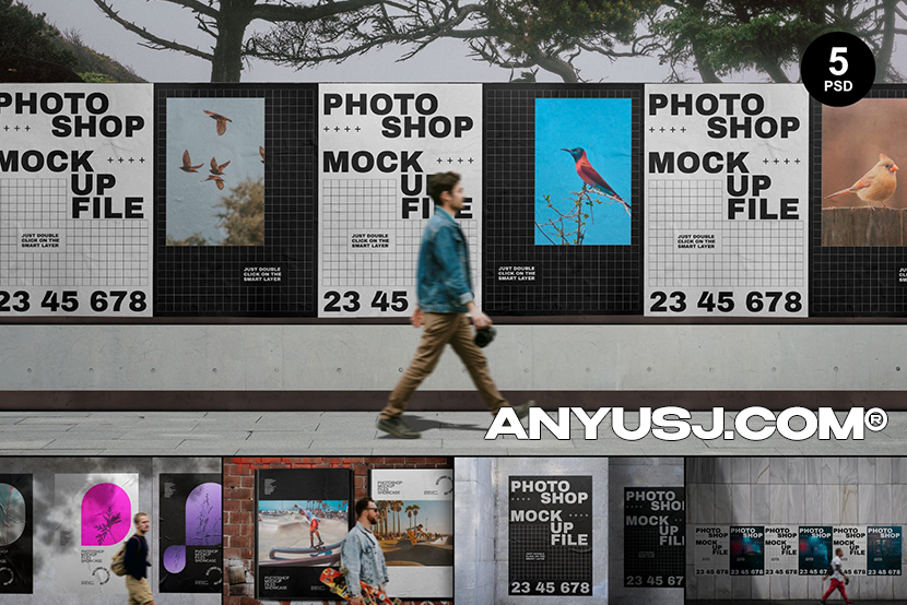 5款都市城市街头海报墙贴广告招贴设计展示PSD组合Wall Poster Mockup Set4-第3334期- - 安鱼设计资源丨优质平面 ...