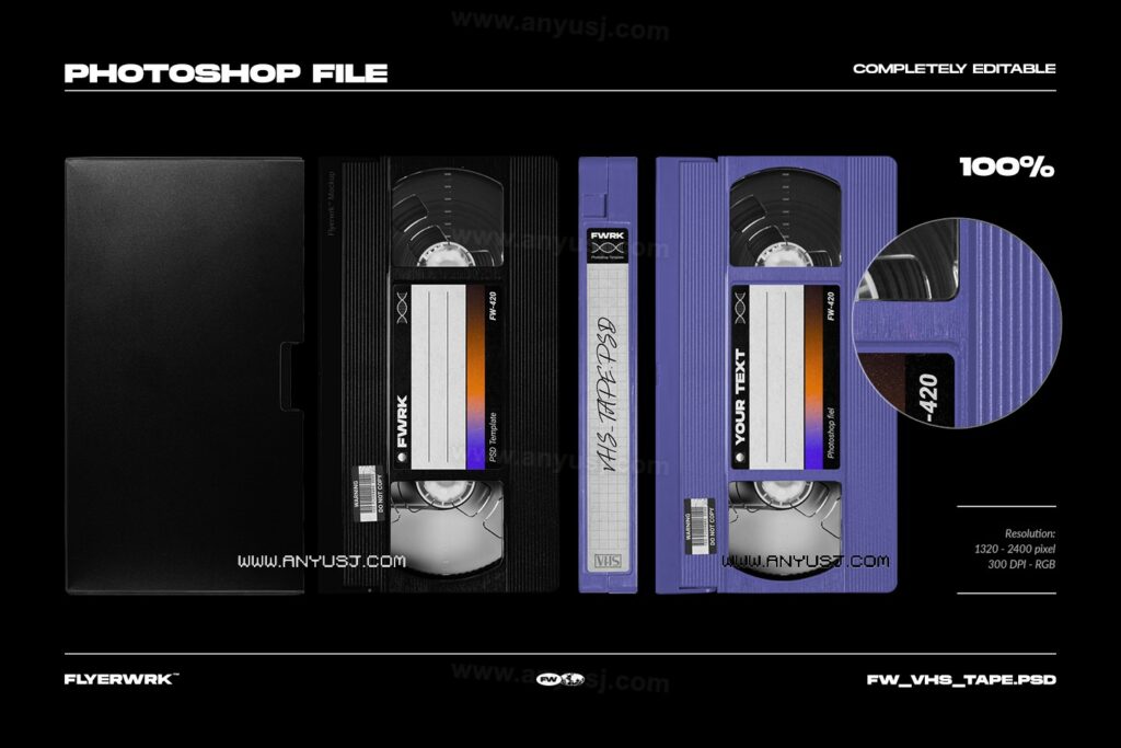复古VHS录像磁带包装盒贴纸设计展示贴图psd样机素材 Flyerwrk – VHS Tape Mockup - 安鱼设计资源丨优质平面设计资源共享站