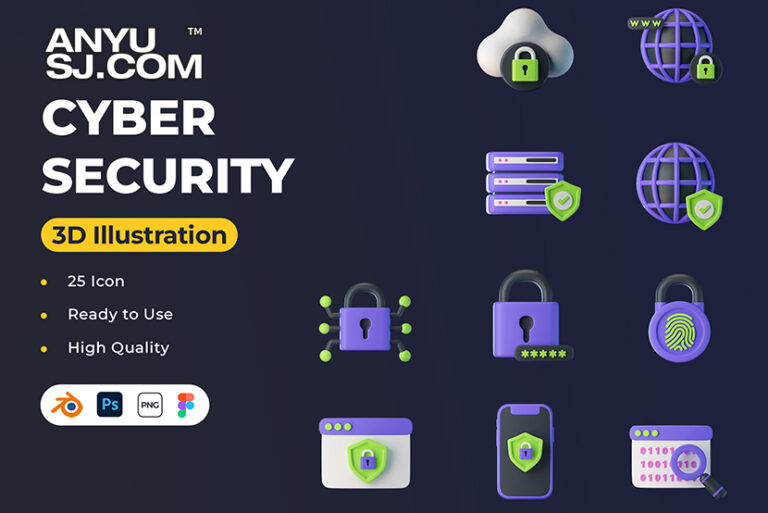 25款3D渲染网络安全图标插画设计包Cyber Security 3D Icons - 安鱼设计资源丨优质平面设计资源共享站