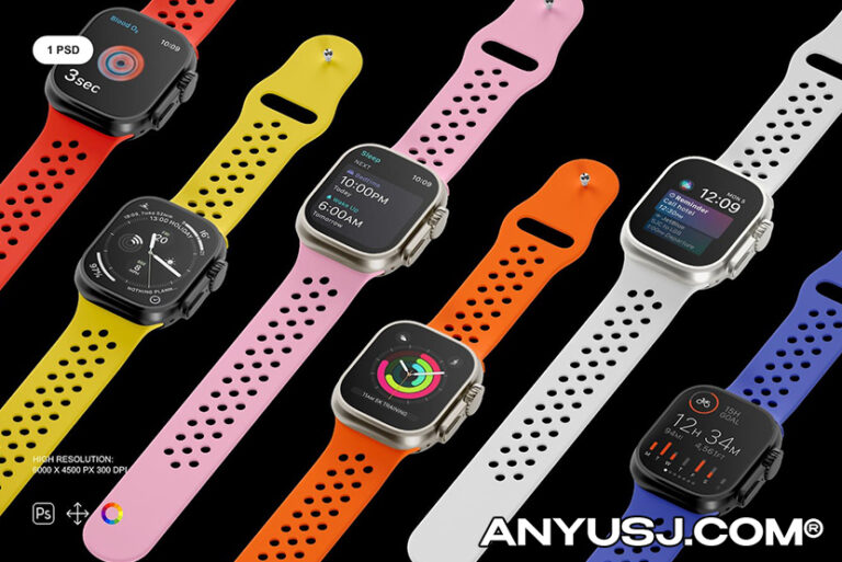 苹果IWatch智能手表表盘UI设计展示PSD样机New iWatch Mockup - 安鱼设计资源丨优质平面设计资源共享站