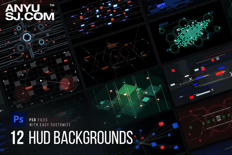 12款复杂可视化HUD赛博科技数据化科幻仪表盘图案元素形状几何网格背景设计Complex HUD Backgrounds-第3994期- - 安鱼设计资源丨优质平面设计资源共享站