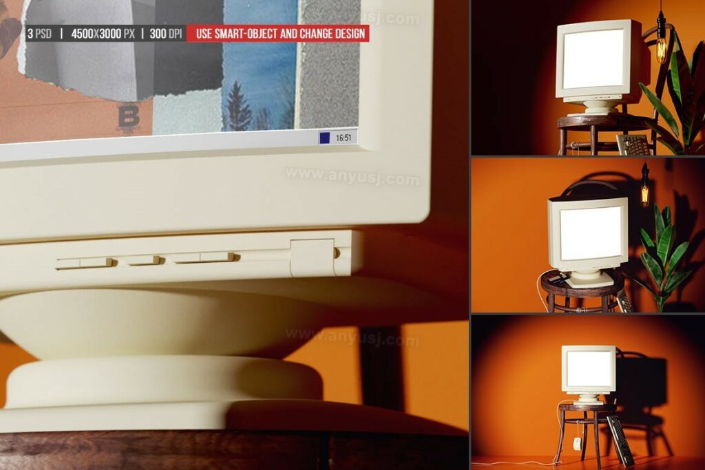 3款复古老式做旧电脑屏幕监视器设计展示PSD样机Old Monitor Screen Mockup - 安鱼设计资源丨优质平面设计资源共享站