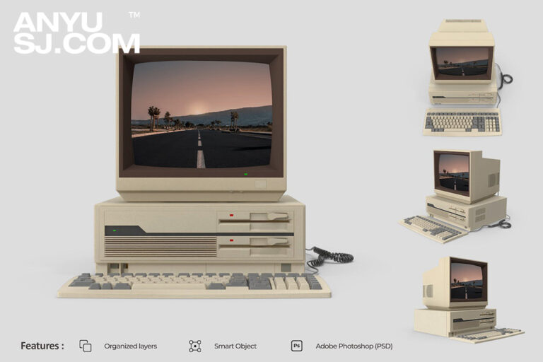 4款旧式老式复古台式电脑计算机PSD屏幕界面设计展示样机Old PC Mockup - 安鱼设计资源丨优质平面设计资源共享站