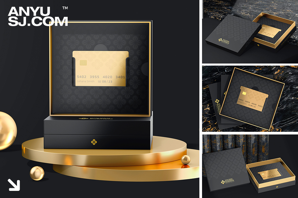 6款质感矩形长方形高档礼品卡会员卡银行卡信用卡纸盒礼品盒包装盒PSD样机golden credit card box mockup - 安鱼 ...