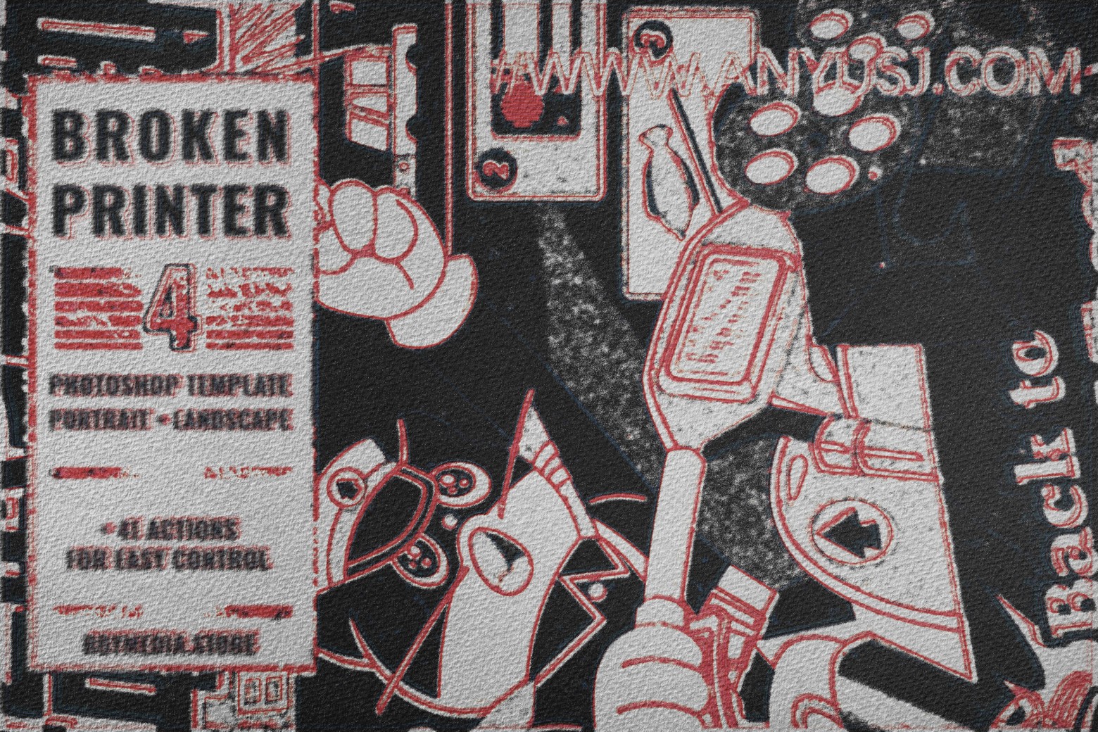 复古破损艺术真实涂鸦印刷水墨晕染做旧图形照片处理PSD特效样机套装Broken Printer 4 .PSD Template-第5315期- - 安鱼设计资源丨优质平面设计资源共享站