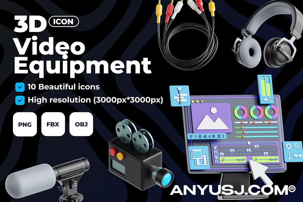 10款趣味卡通视频剪辑设备3D立体图标插画插图PNG模型套装Video Editing - 3D Icon Set 2 - 安鱼设计资源丨优质 ...