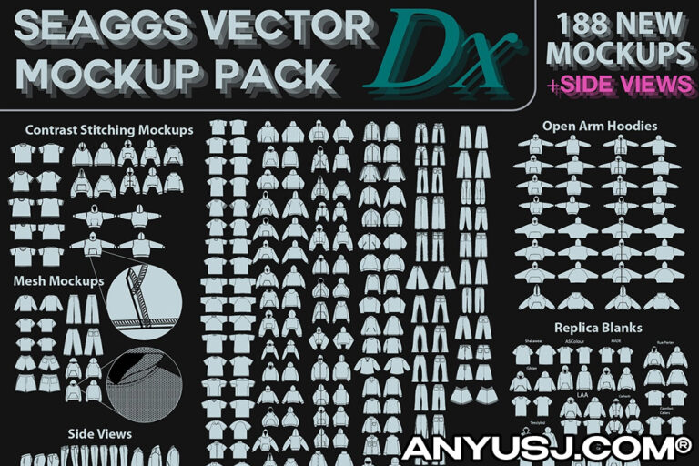 188款衬衫连帽衫卫衣短袖T恤外套长裤短裤AI矢量服装打版示范设计展示样机套装Seaggs Vector Mockup Pack Dx-第5740期- - 安鱼设计资源丨优质平面设计资源共享站