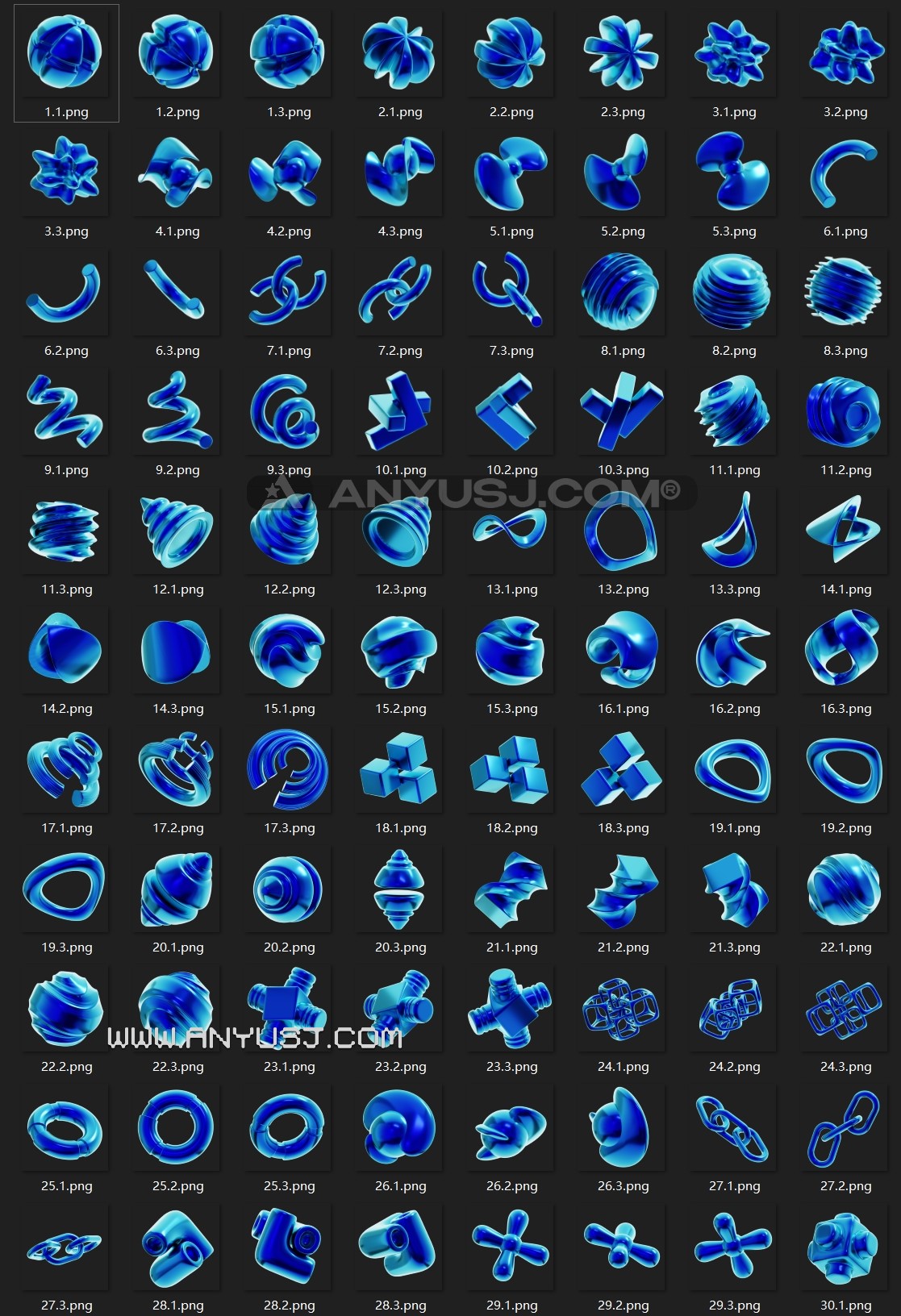 300款3D蓝色立体Y2K几何抽象艺术图标icon插画插图PNG免扣元素套装Y2K Geometric Shape - 3D Icon Set ...