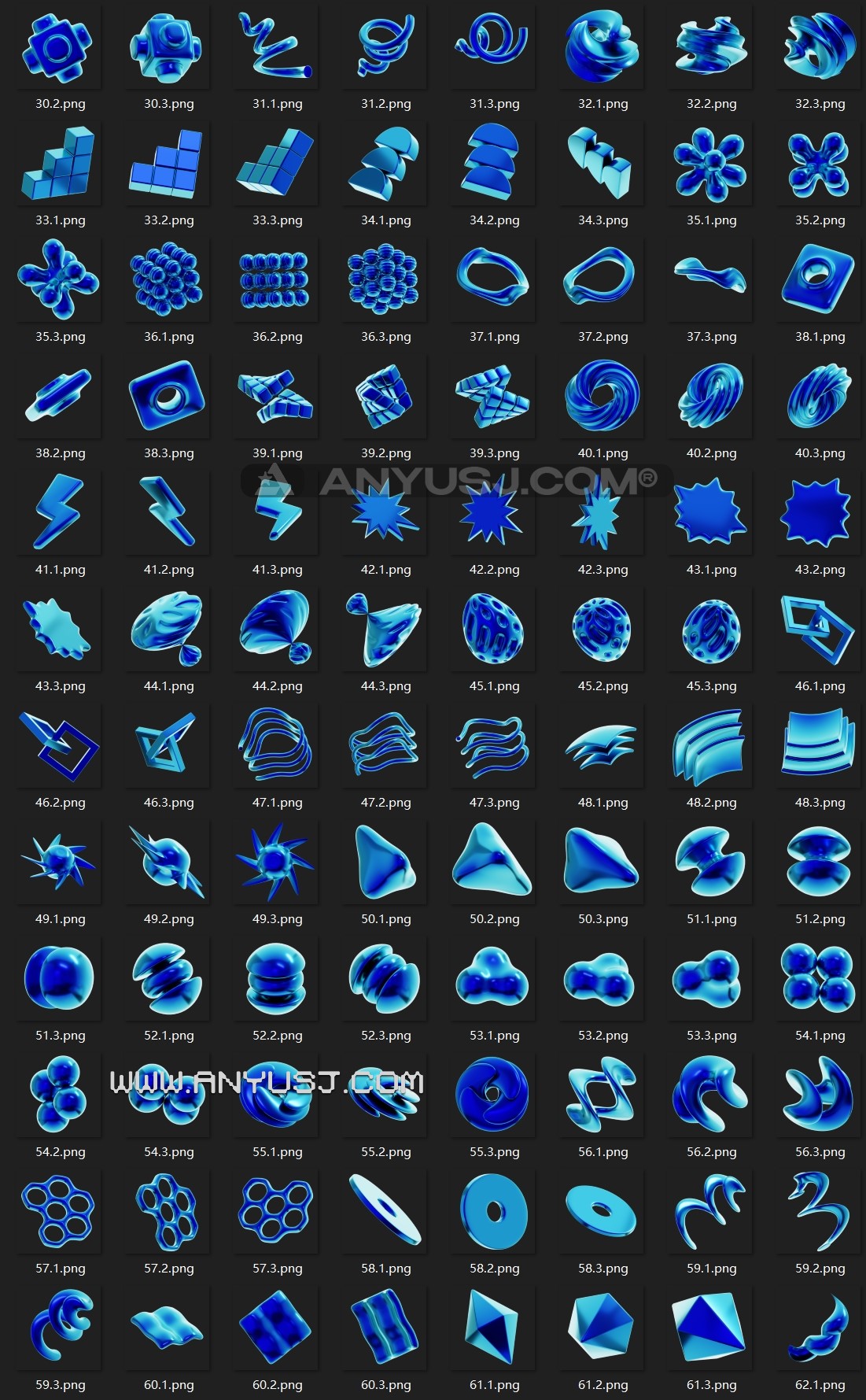 300款3D蓝色立体Y2K几何抽象艺术图标icon插画插图PNG免扣元素套装Y2K Geometric Shape - 3D Icon Set ...