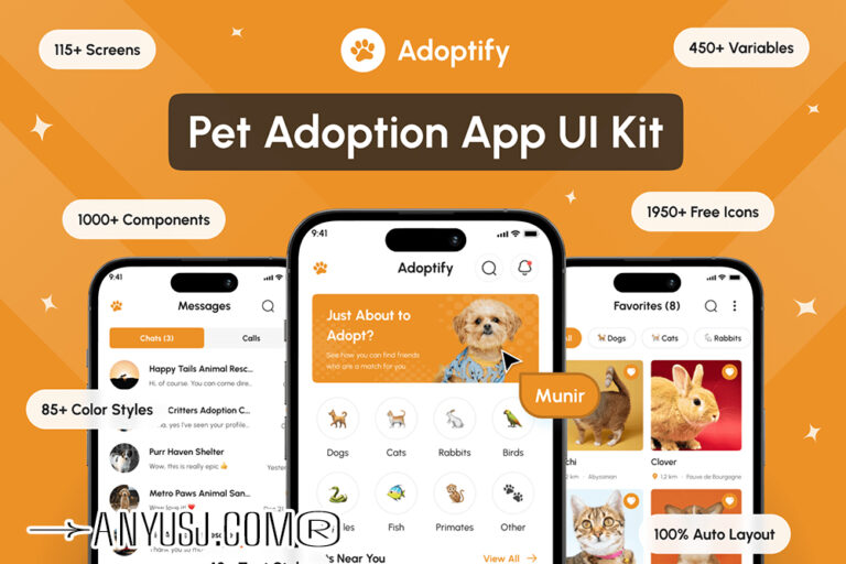 115+现代极简宠物收养领养移动程序APP应用UI布局设计套件Adoptify - Pet Adoption App UI Kit - 安鱼设计资源丨优质平面设计资源共享站