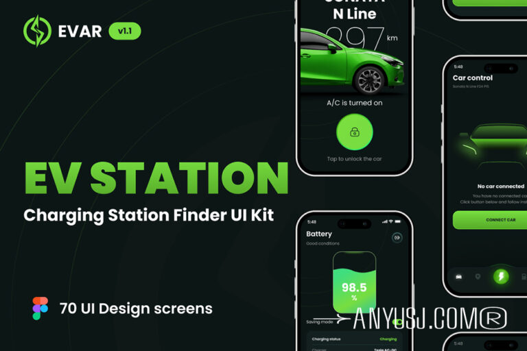 60+现代极简电动汽车充电站充电桩查找移动APP应用程序UI设计套件EVAR - EV Control & Charging UI Kit - 安鱼设计资源丨优质平面设计资源共享站