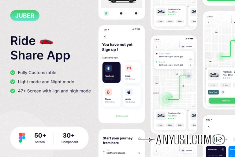 50+现代日常租车打车APP移动应用程序UI设计套件Rider ios kit - 安鱼设计资源丨优质平面设计资源共享站