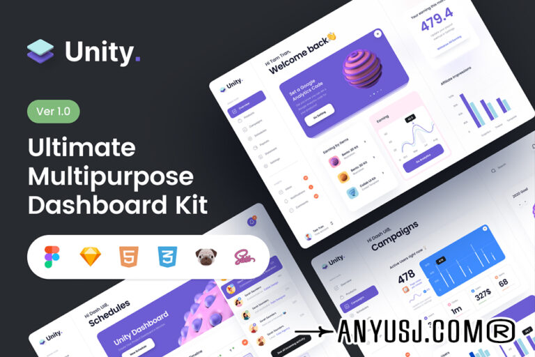 现代干净简约多用途仪表盘APP电脑应用程序UI设计套件Unity Dashboard Kit - 安鱼设计资源丨优质平面设计资源共享站