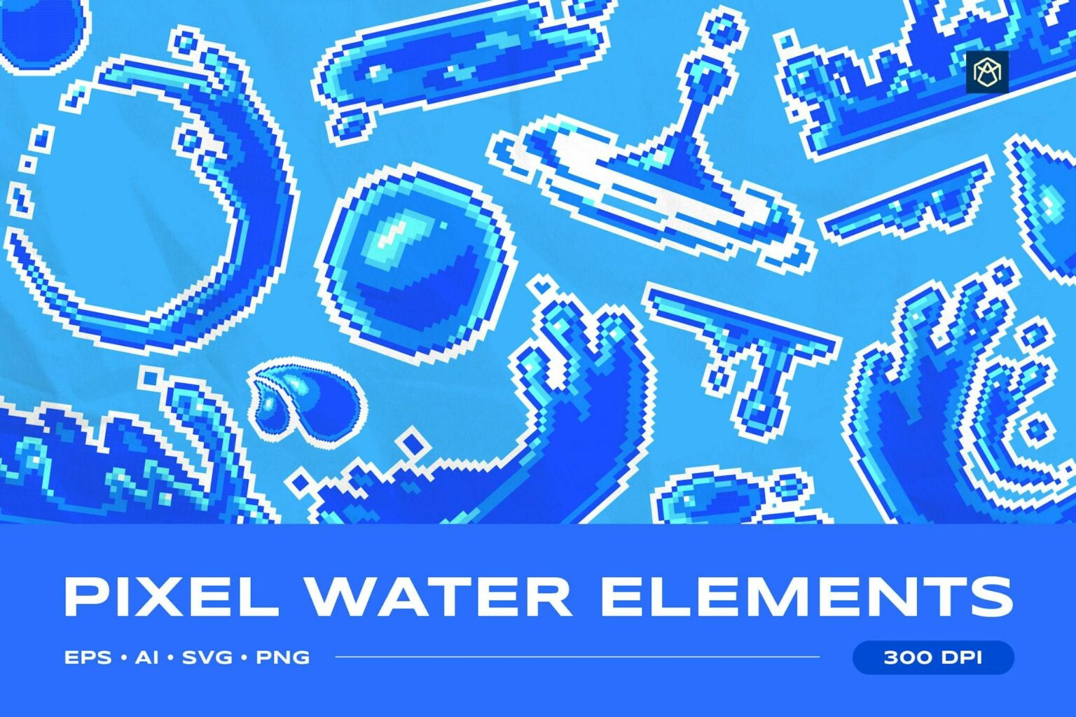 趣味手绘像素复古卡通水花浪花海洋大海飞溅水滴AI矢量插画插图PNG免扣元素套装Pixel Water Splash Element Pack ...