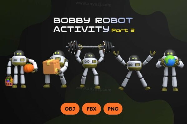 5款立体趣味卡通机器人购物运动PNG插画插图OBJ模型设计套装Bobby Robot Activity Part 3 3D ...