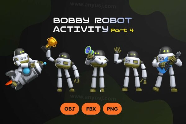 5款立体趣味卡通机器人得奖弹奏PNG插画插图OBJ模型设计套装Bobby Robot Activity Part 4 3D ...