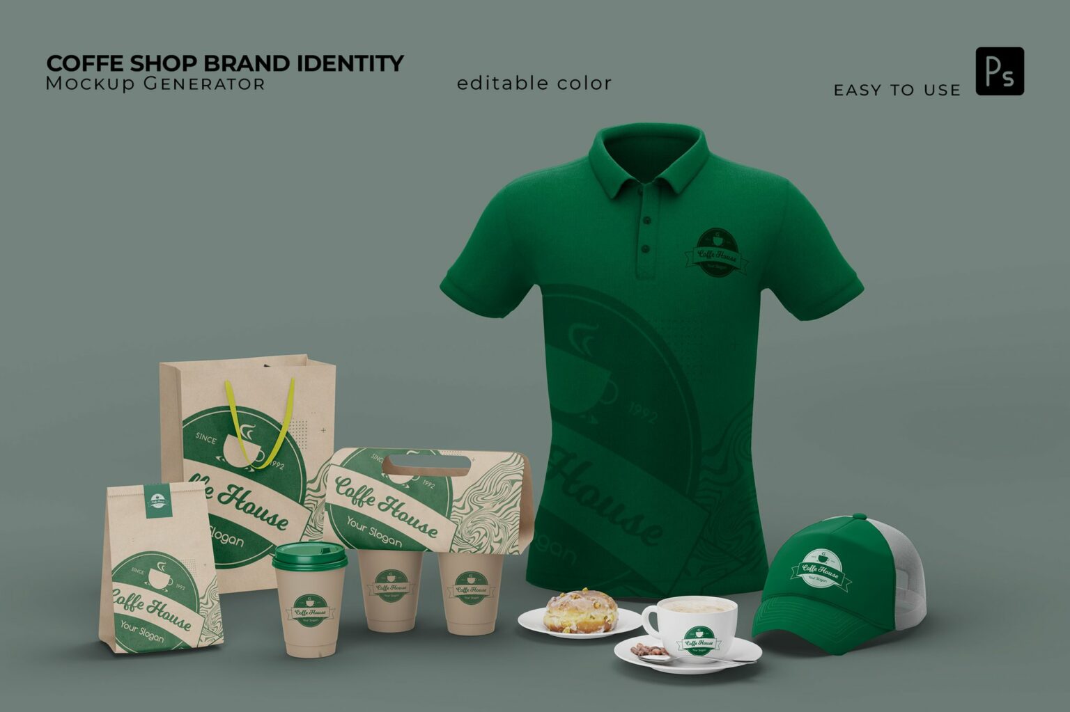 极简咖啡品牌VI标识识别手提袋包装袋T恤工作服帽子咖啡杯纸杯PSD样机Coffe Shop Brand Identity Mockup - 安 ...