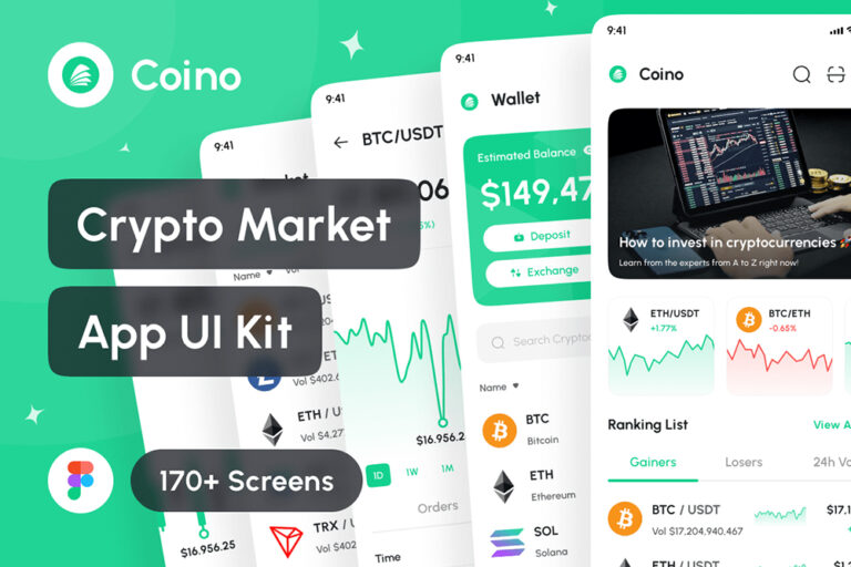 170+现代极简加密货币金融市场交易股票网站网页APP移动应用UI设计套件Coino - Crypto Market App UI Kit ...