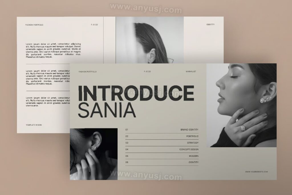 25页现代优雅品牌指南VI项目提案手册介绍作品集设计展示PPT/Google Slide/Keynote幻灯片演示文稿模板Sania Presentation - 安鱼设计资源丨优质平面设计资源共享站