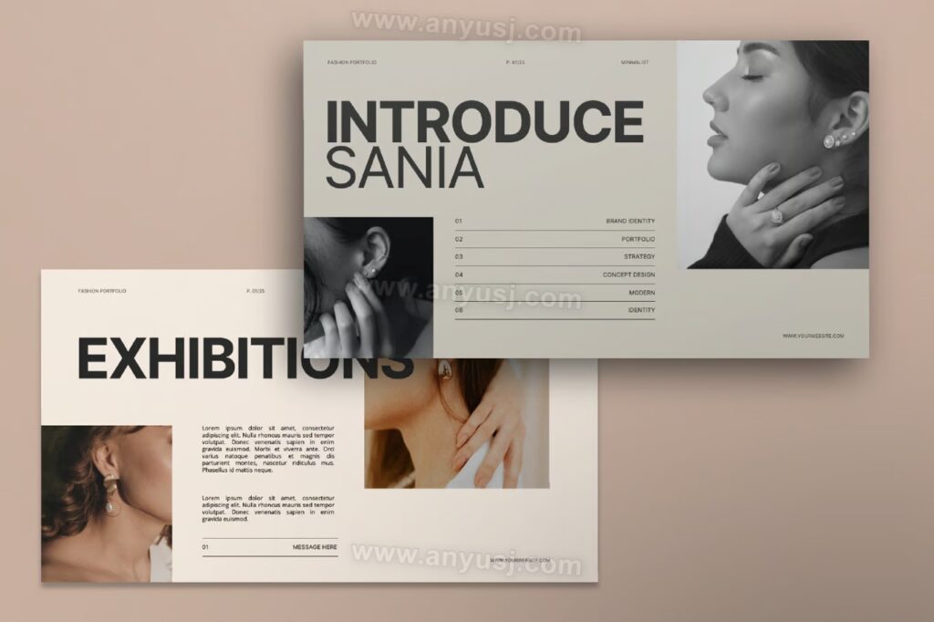 25页现代优雅品牌指南VI项目提案手册介绍作品集设计展示PPT/Google Slide/Keynote幻灯片演示文稿模板Sania Presentation - 安鱼设计资源丨优质平面设计资源共享站