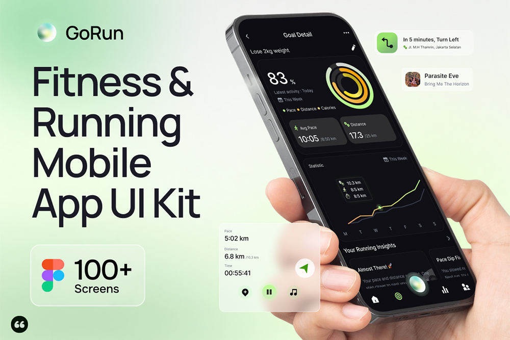 现代极简时尚健身爱好者跑步者运动计划跟踪APP移动应用页面Figma模板UI套件GoRun - Fitness & Running ...