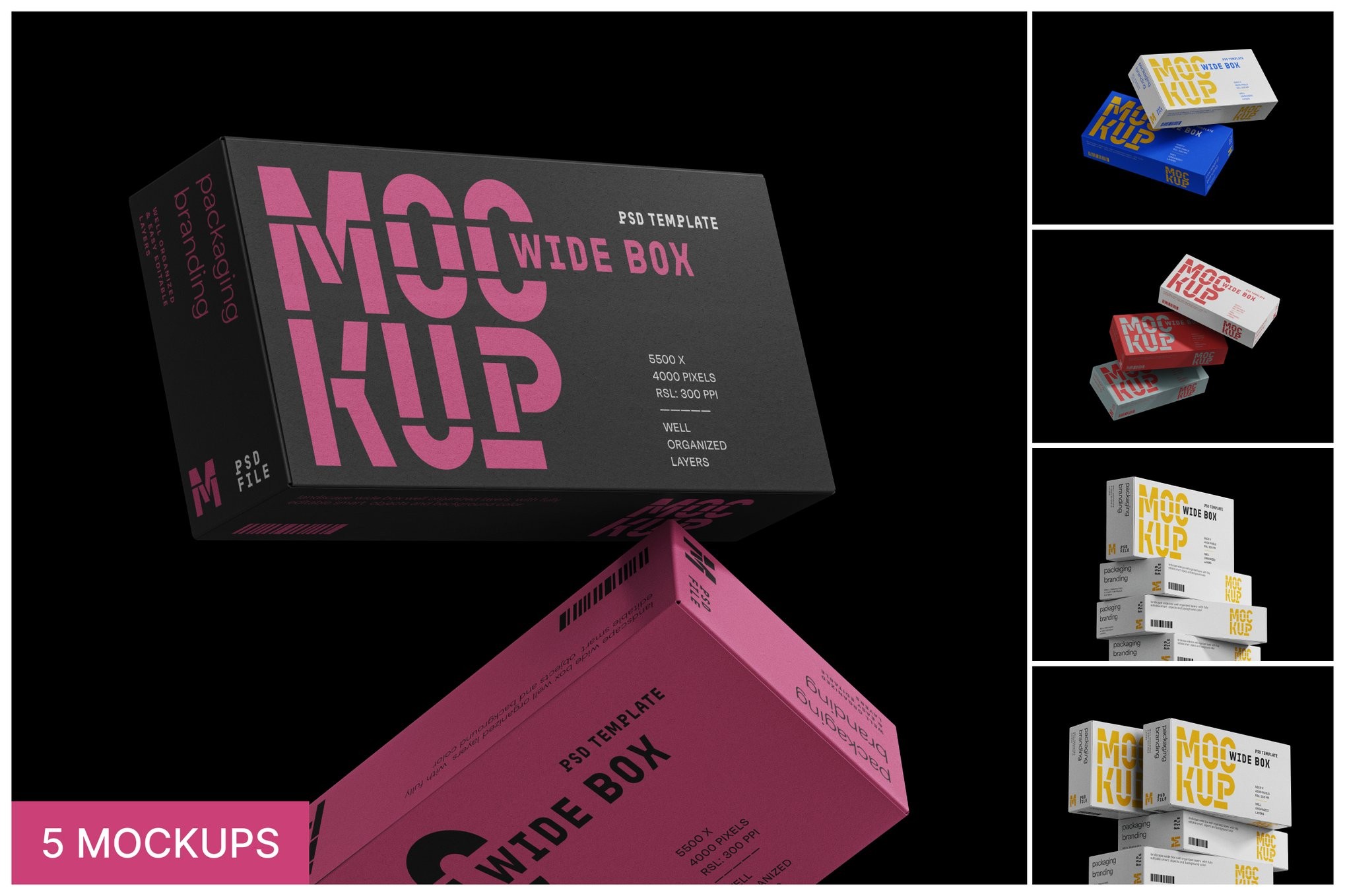 3款极简长方形包装盒纸盒礼品盒设计展示PSD样机Stacked Wide Boxes Mockup Set - 安鱼设计资源丨优质平面设计资源共享站